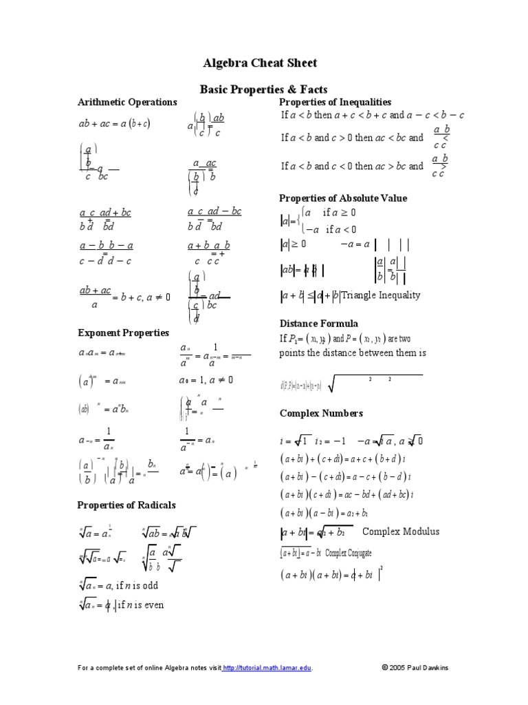 Algebra Cheat Sheet: Basic Properties & Facts | PDF | Logarithm ...