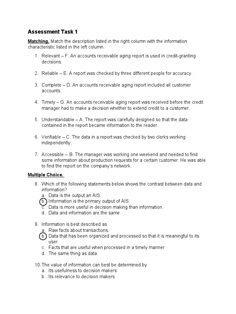 Assessment Task 1: Matching. Match The Description Listed in The Right ...