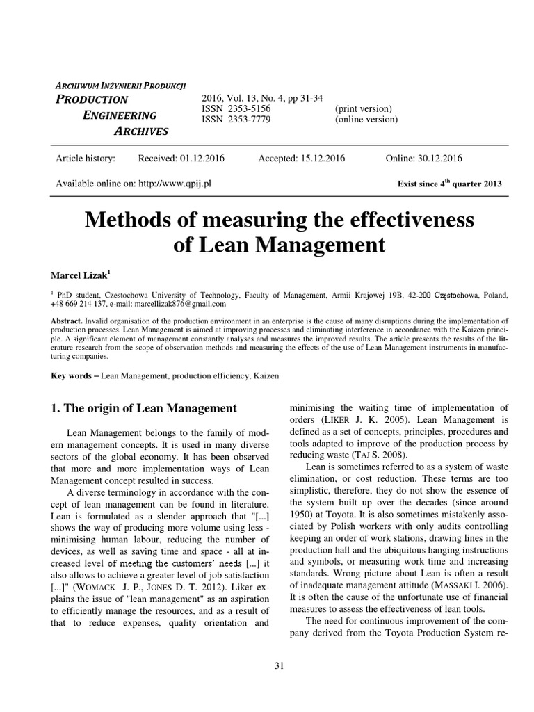Lean Management Effectiveness Metrics | PDF | Lean Manufacturing ...