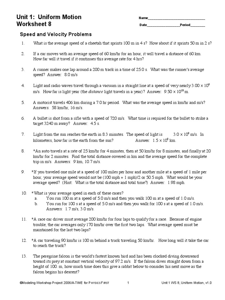 Unit 1: Uniform Motion Worksheet 8: Speed and Velocity Problems | PDF ...