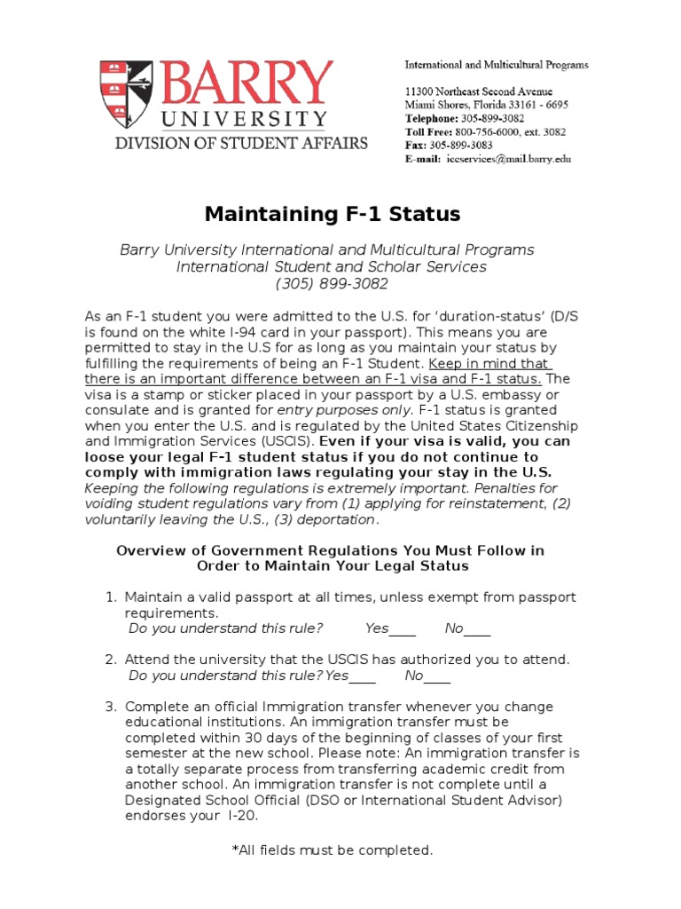 F-1 Student Status Maintenance Guide | PDF | Travel Visa | Academic Degree