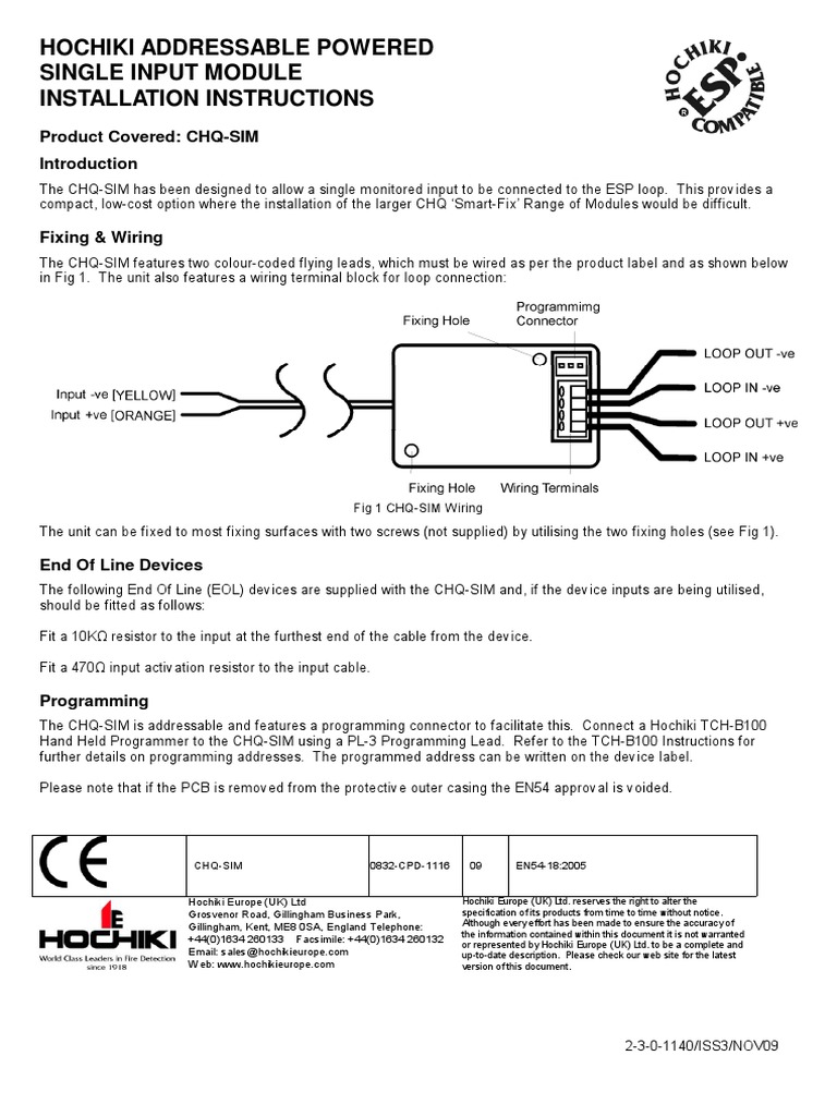 Hochiki Addressable Powered Single Input Module Installation ...