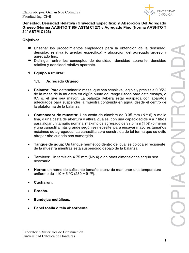 Densidad, Densidad Relativa (Gravedad Específica) y Absorción Del ...