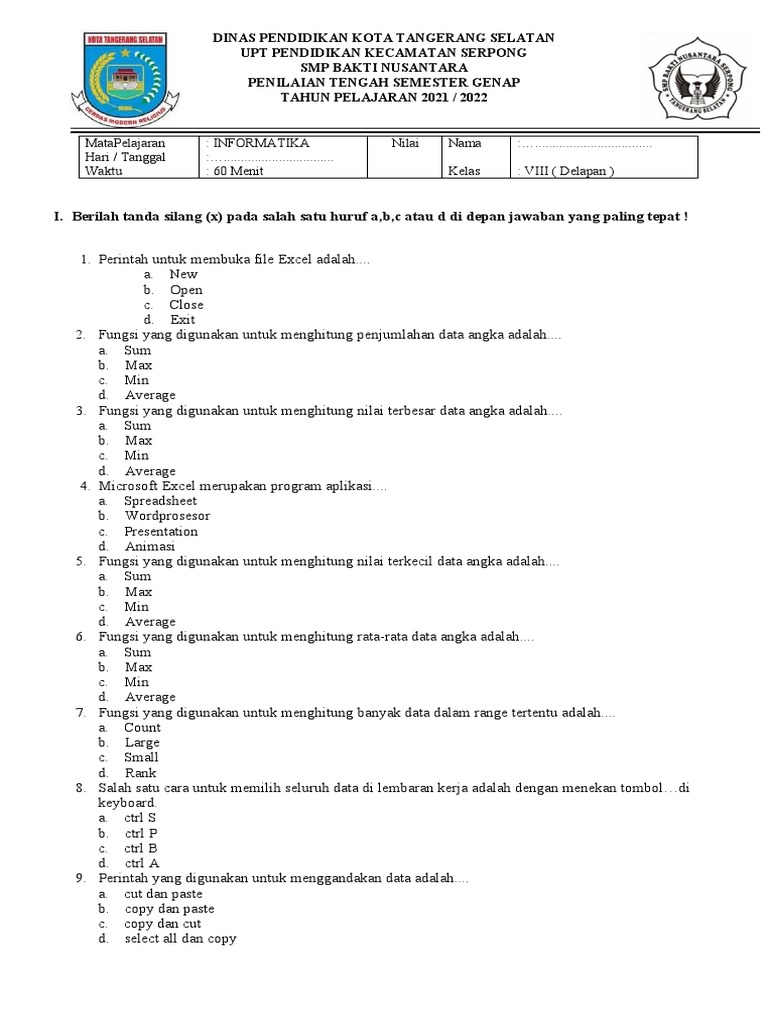Soal PTS GENAP INFORMATIKA Kelas 8 | PDF