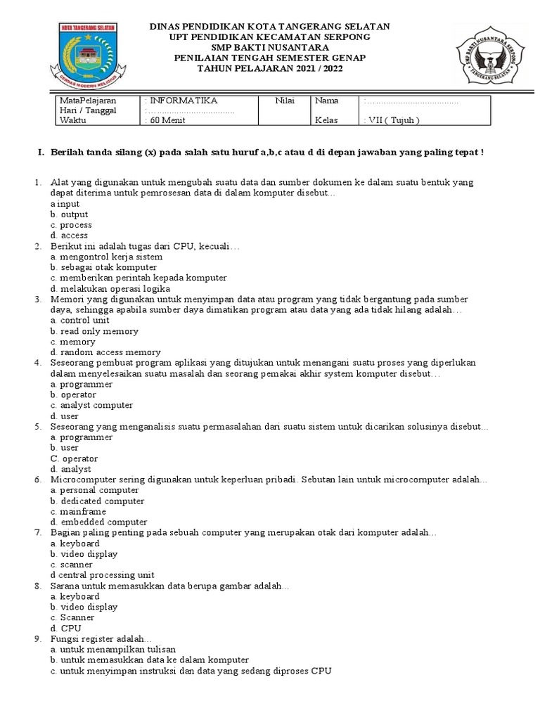 Soal PTS GENAP INFORMATIKA Kelas 7 | PDF | Game & Aktivitas | Teknologi & Rekayasa