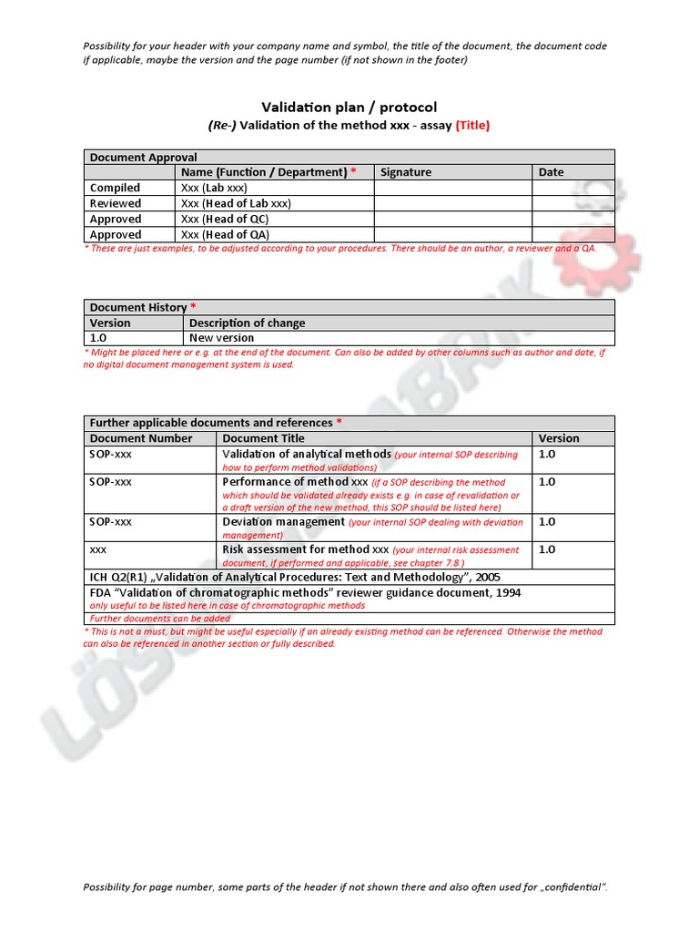 Validation Plan / Protocol: (Re-) Validation of The Method XXX - Assay ...