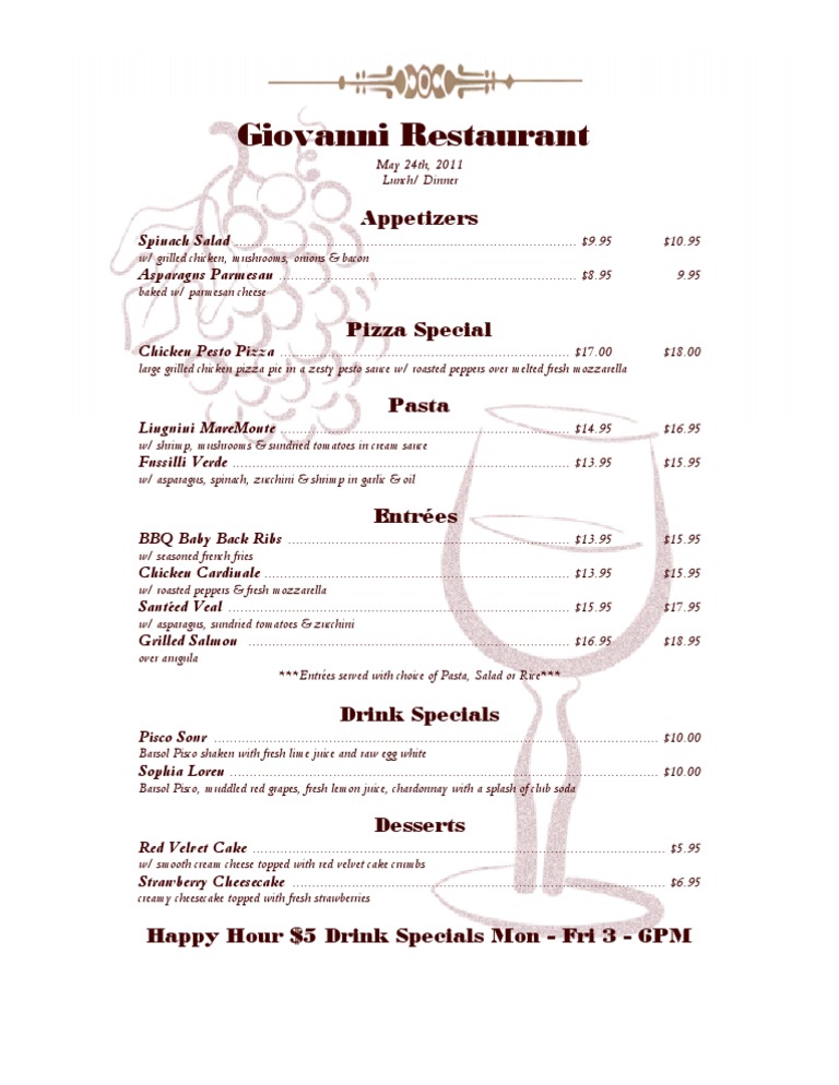 Giovanni Restaurant Menu Highlights | PDF | Cooking, Food & Wine | Home ...