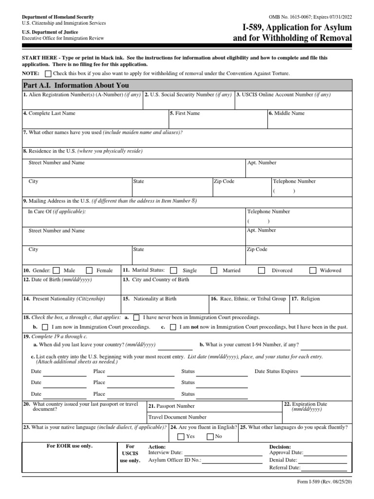 Planilla Asilo I-589 | PDF | United States Citizenship And Immigration ...