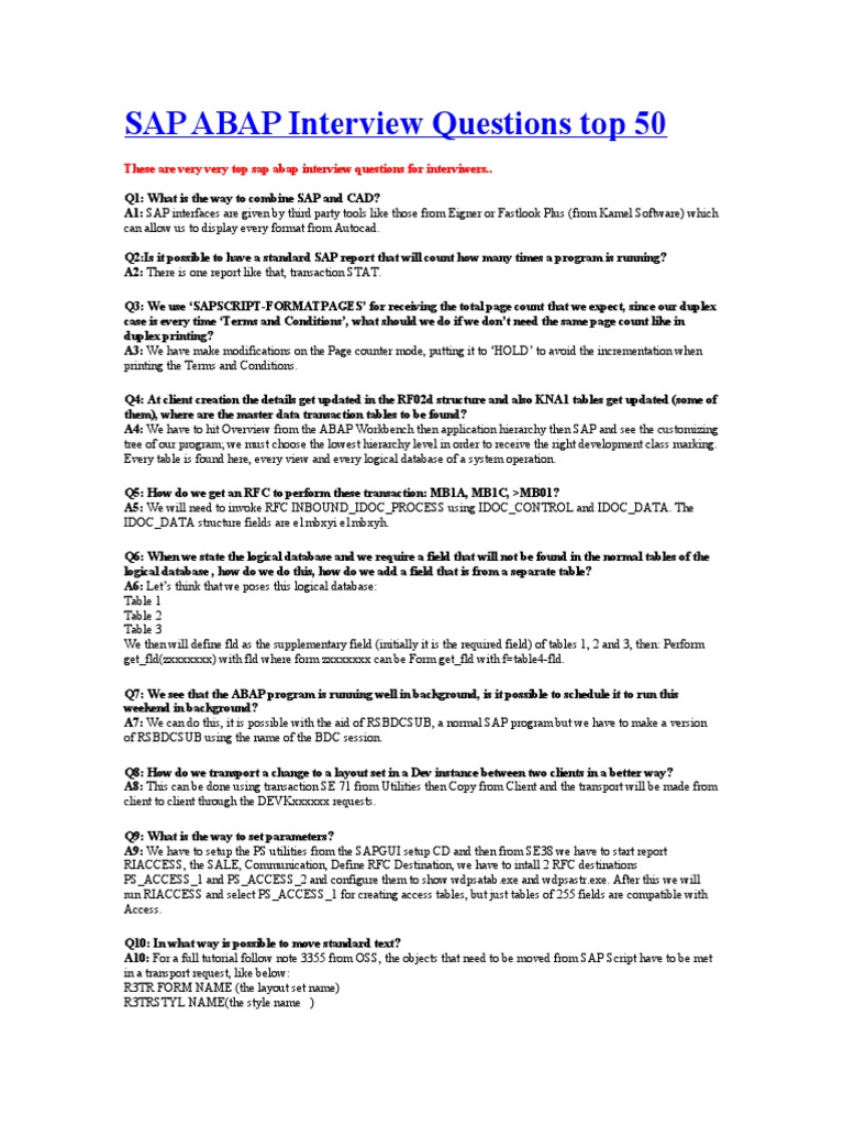 SAP ABAP Interview Questions Top 50 | PDF | Databases | Relational Database