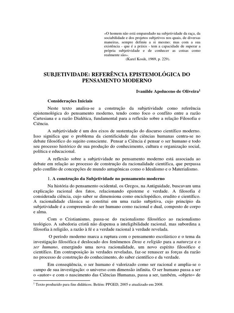 TEXTO 6 - Ivanilde Apoluceno - A Subjetividade Como Referência Epistemológica Do Pensamento ...