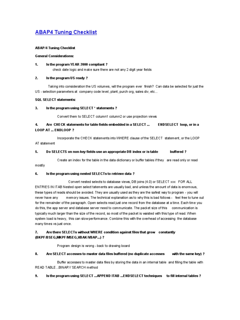 ABAP4 Tuning Checklist | PDF | Database Index | String (Computer Science)