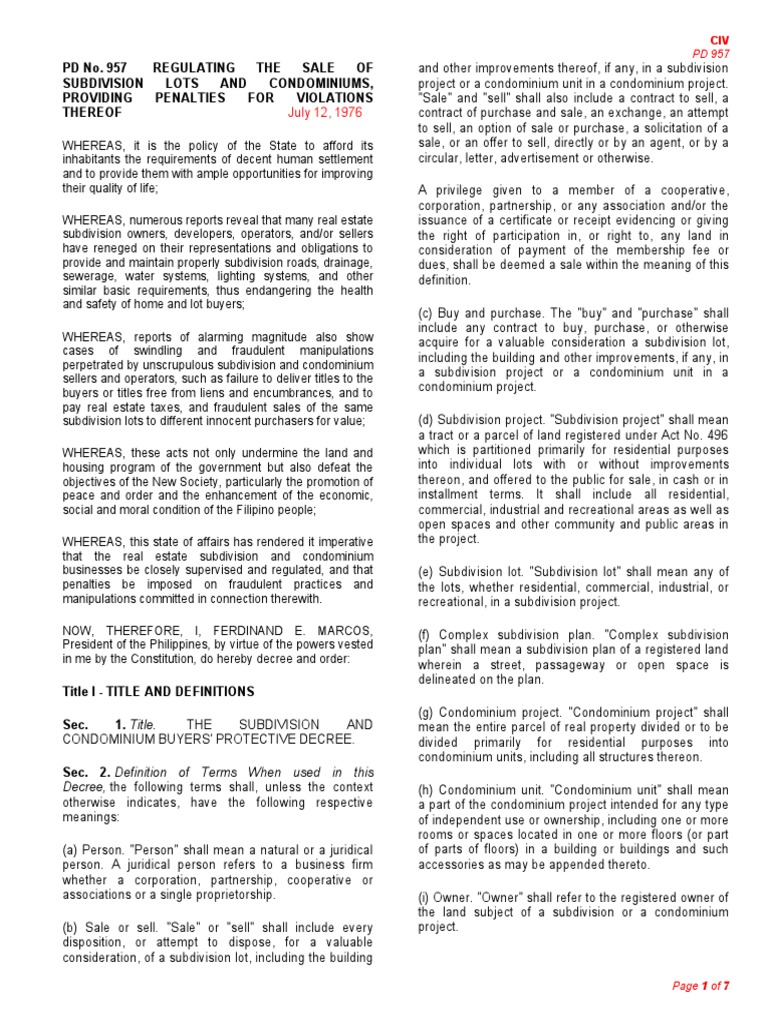 PD 957 | Download Free PDF | Mortgage Law | Condominium