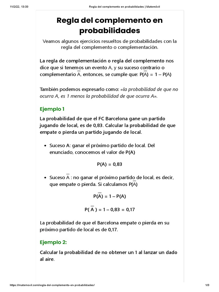 6.3 - Regla Del Complemento en Probabilidades - Matemóvil | PDF | Probabilidad | Conceptos ...