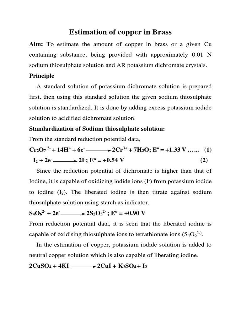 Copper Estimation in Brass Method | PDF | Chemistry | Titration