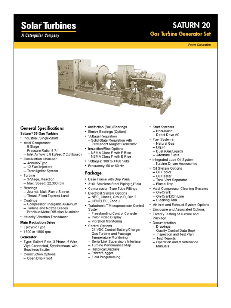 Saturn 20: Gas Turbine Generator Set | PDF | Gas Turbine | Electrical ...