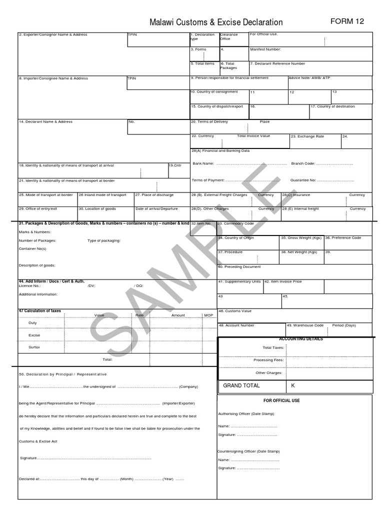 Sample: Malawi Customs & Excise Declaration | PDF | Customs | Business