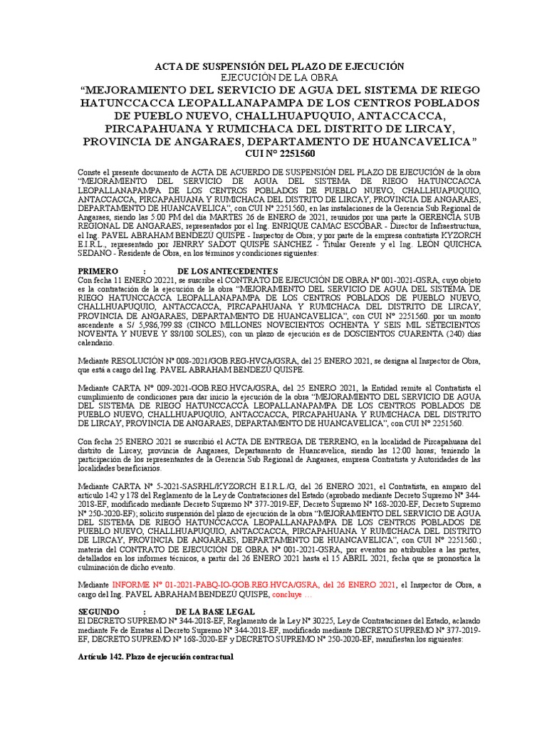 Acta de Suspension Del Plazo de Ejecucion | PDF