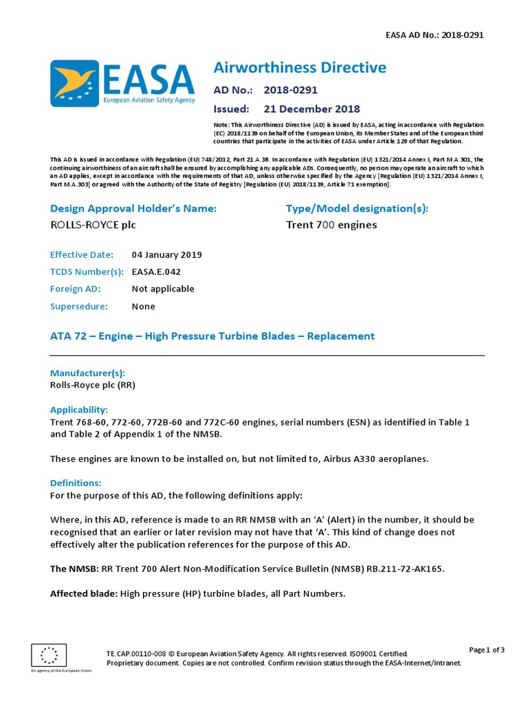 Airworthiness Directive: Design Approval Holder's Name: Type/Model ...