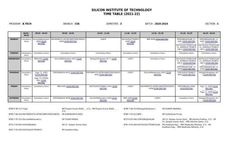 CSE B.Tech 3rd Semester Timetable 2021-22 | PDF