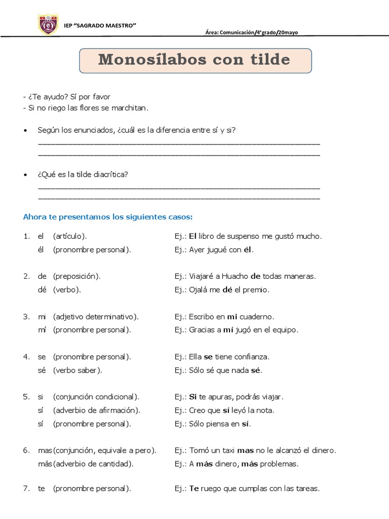 Ejercicios de monosílabos con tilde | PDF | Morfología Lingüística ...