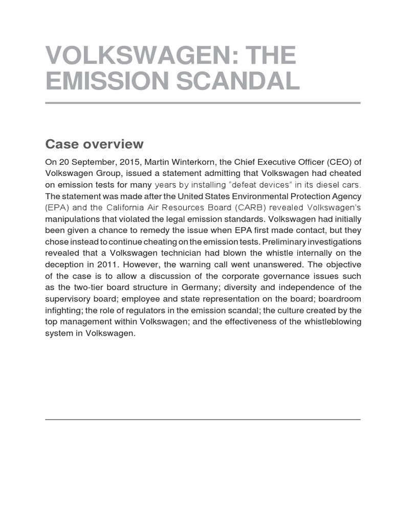 Volkswagen: The Emission Scandal: Case Overview | PDF | Volkswagen ...