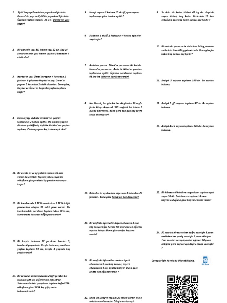 Sınıf Matematik Denklem Problemleri PDF | PDF
