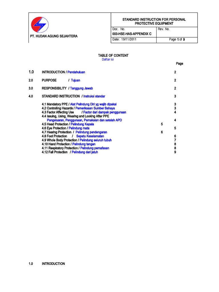 003 Hse Has Appendix C Standard Instruction For Ppe | PDF