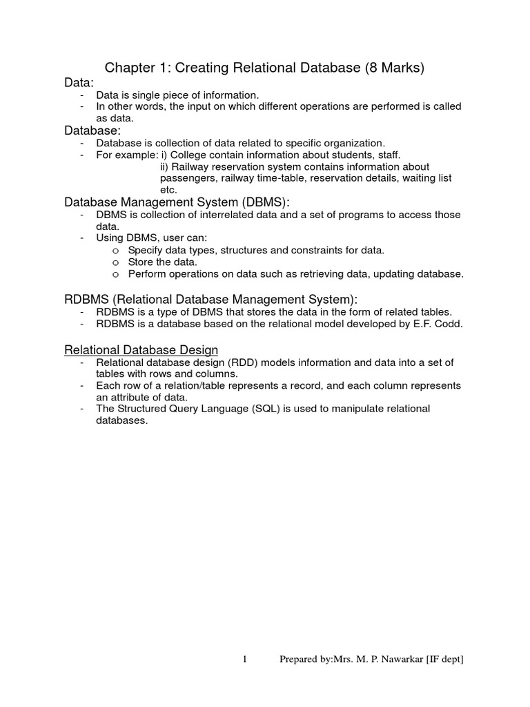Chapter 1: Creating Relational Database (8 Marks) : Data | PDF | Relational Database | Databases