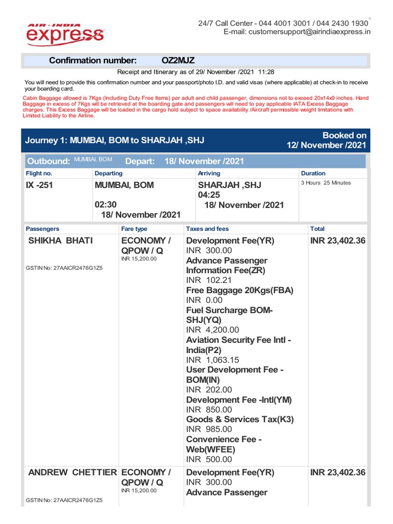 Air India Express Itinerary and Receipt for Travel from Mumbai to ...
