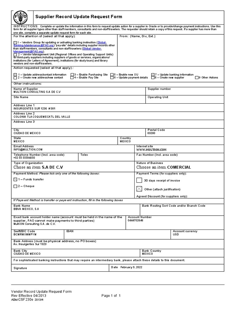 Vendor Record Update Request Form | PDF | Payments | Service Industries