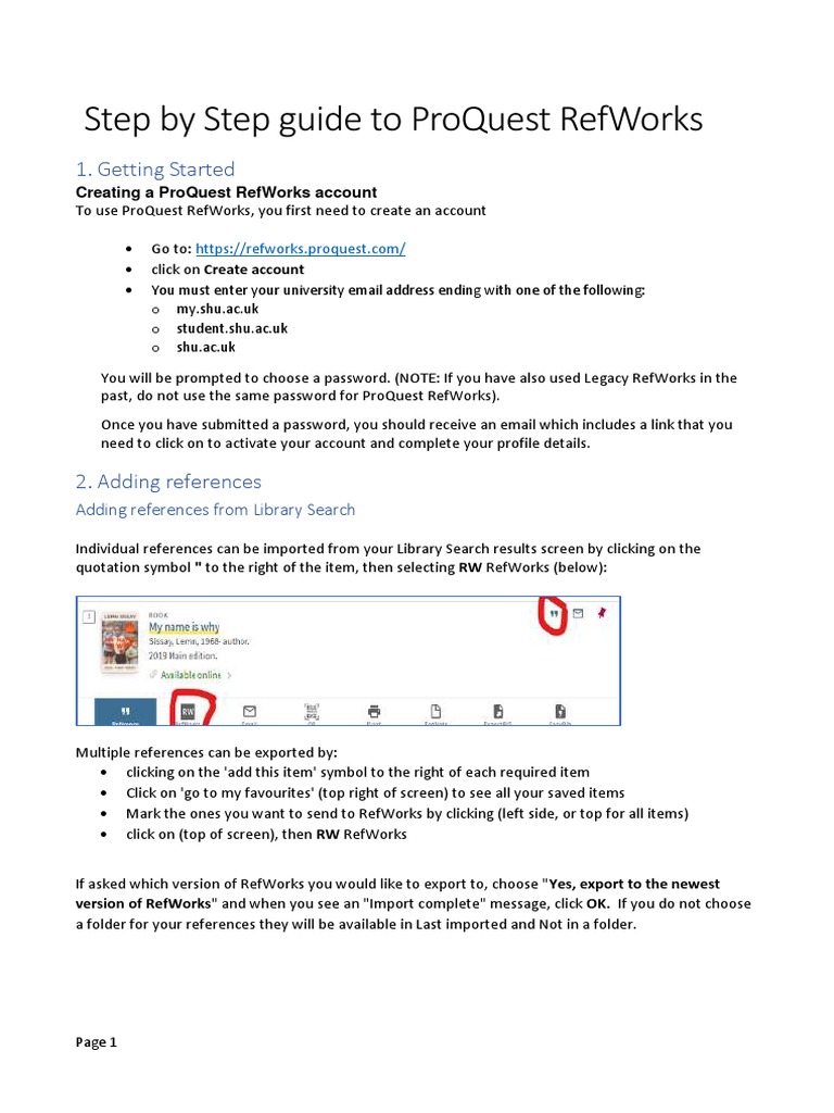 ProQuest RefWorks Guide for SHU Students | PDF | Microsoft Word | Citation