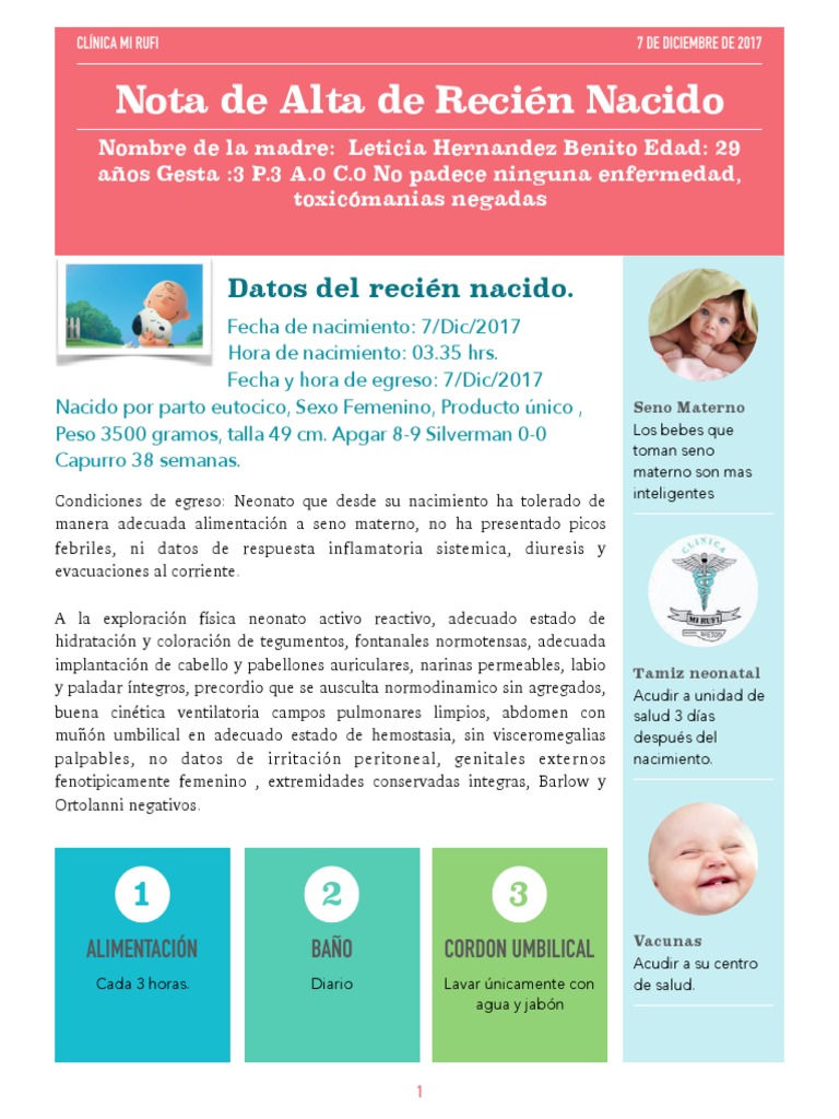 Nota de Alta Recien Nacido | PDF