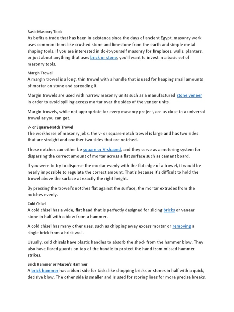 Brick or Stone: Basic Masonry Tools | PDF | Masonry | Hammer