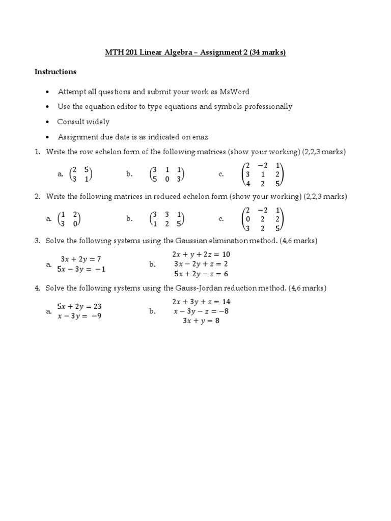 MTH 201 Linear Algebra - Ass 2 | PDF