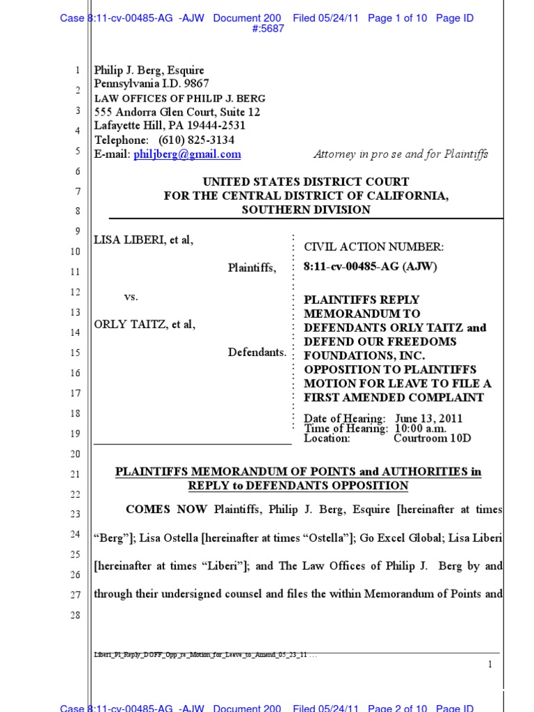 LIBERI V TAITZ (C.D. CA) - 200 - REPLY in Support of MOTION For Leave To File First Amended ...