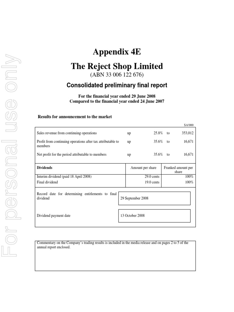 Appendix 4E The Reject Shop Limited: Consolidated Preliminary Final ...
