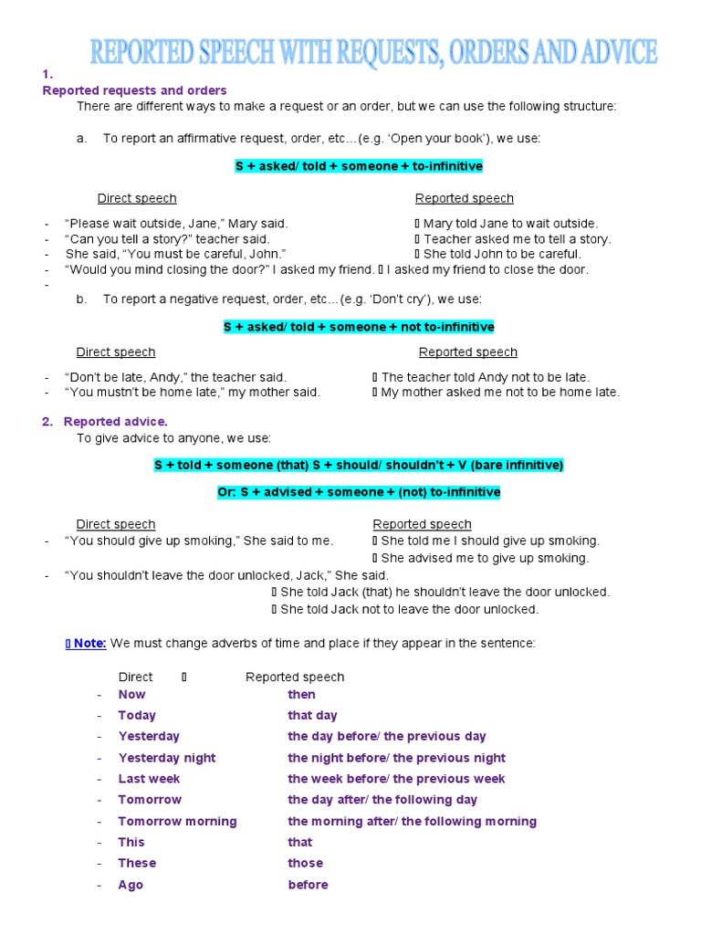 Reported Speech - Requests Orders and Advice | PDF