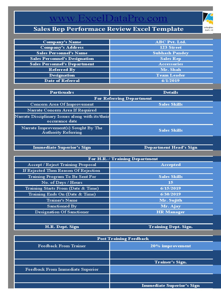 Sales Rep Performace Review Excel Template | PDF