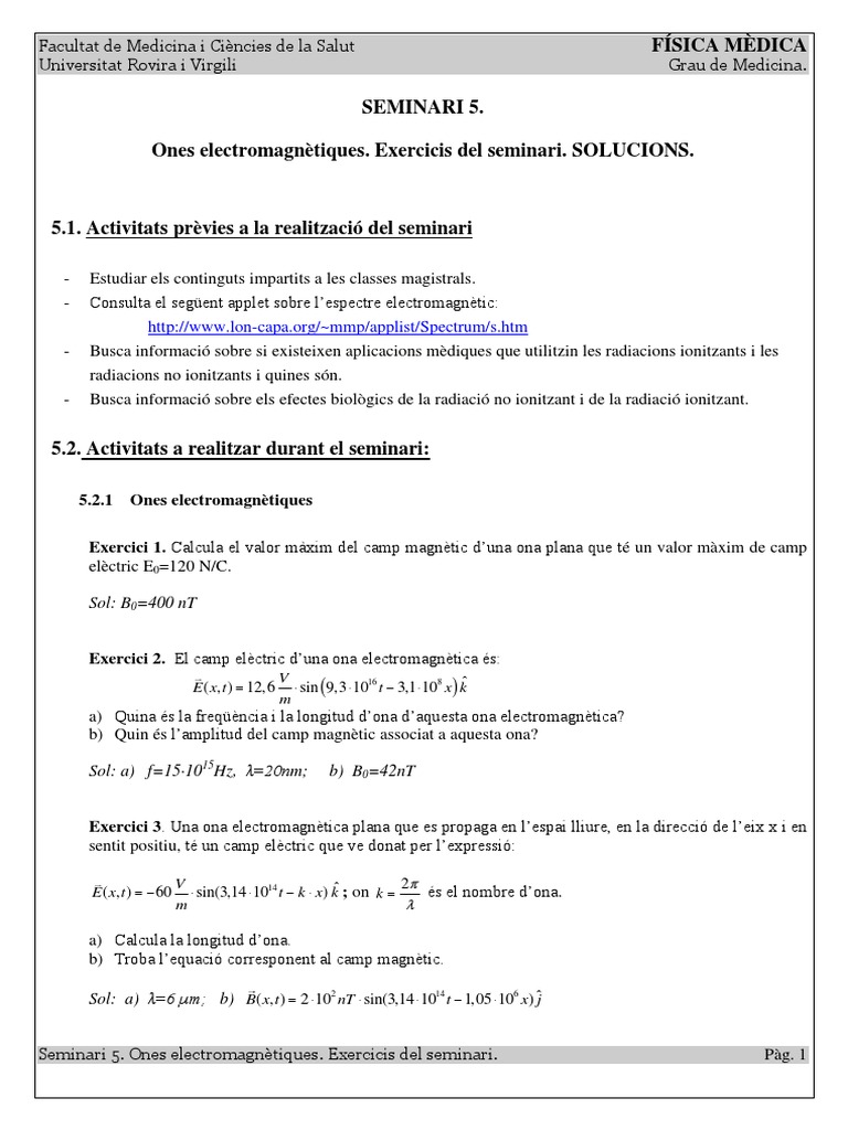 Tema 5. Ones Electromagnètiques. Exercicis Del Seminari | PDF