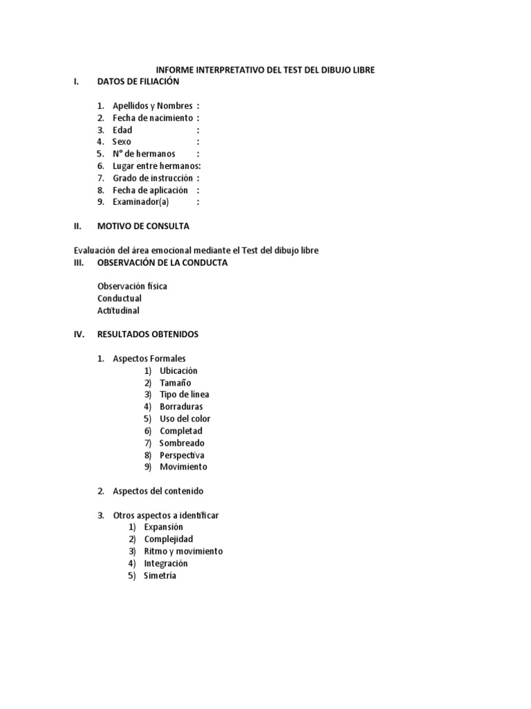 Informe Interpretativo Del Test Dibujo Libre | PDF