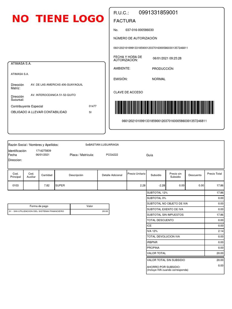 Atimasa-Factura 037-016-000586030 | PDF | Gobierno | Economias