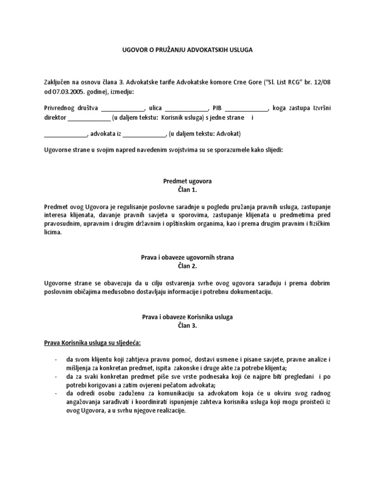 Ugovor o Pruzanju Advokatskih Usluga | PDF