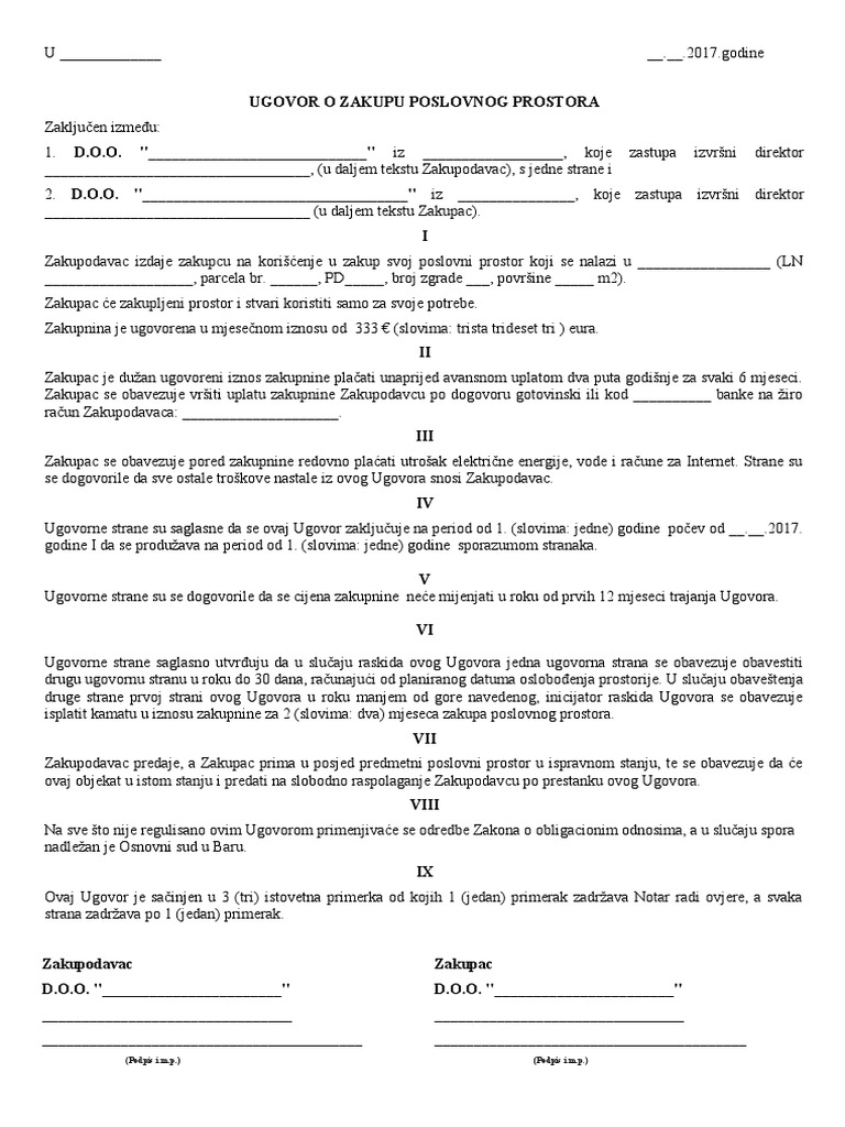 UGOVOR o ZAKUPU POSLOVNOG PROSTORA | PDF
