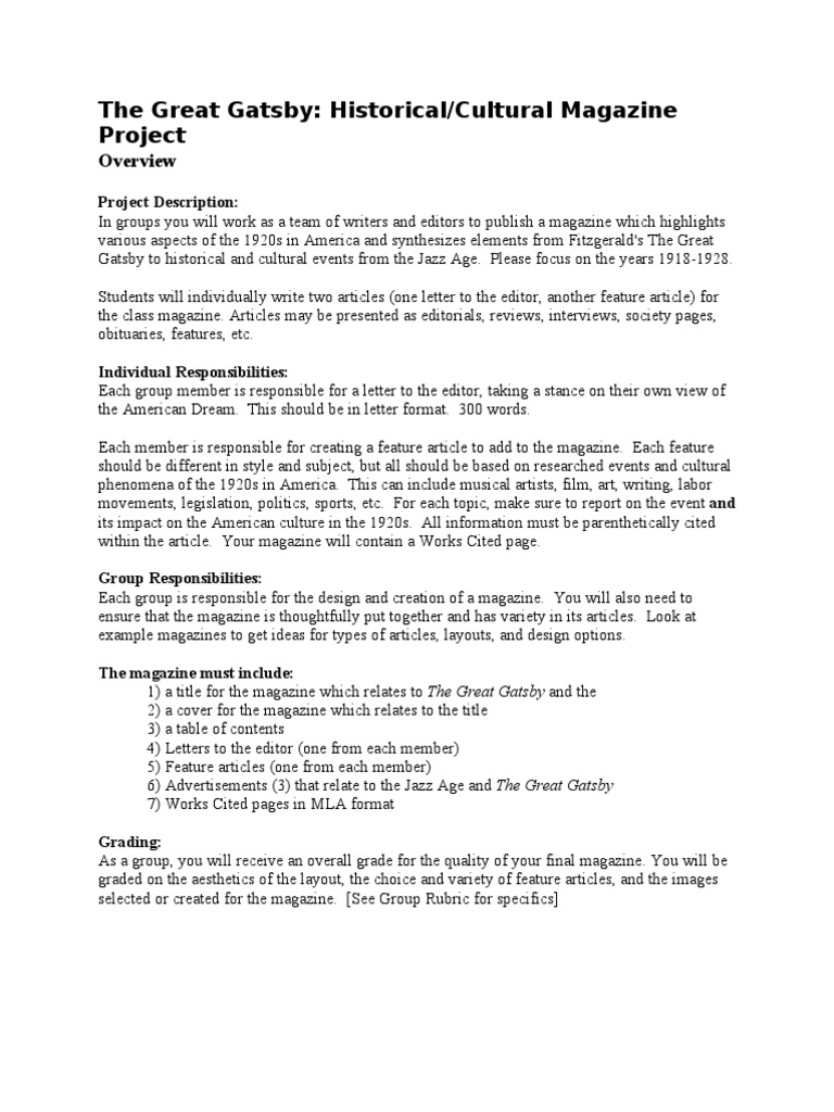 Great Gatsby Historical Cultural Magazine Project | PDF | Citation ...