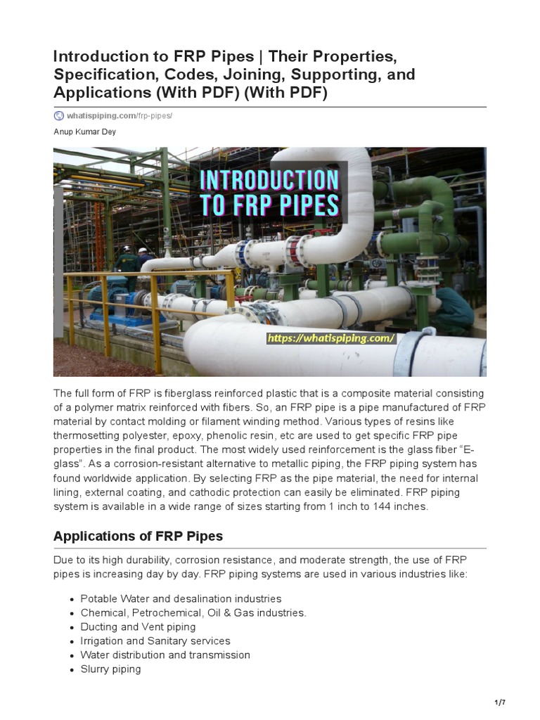 Introduction To FRP Pipes Their Properties Specification Codes Joining ...