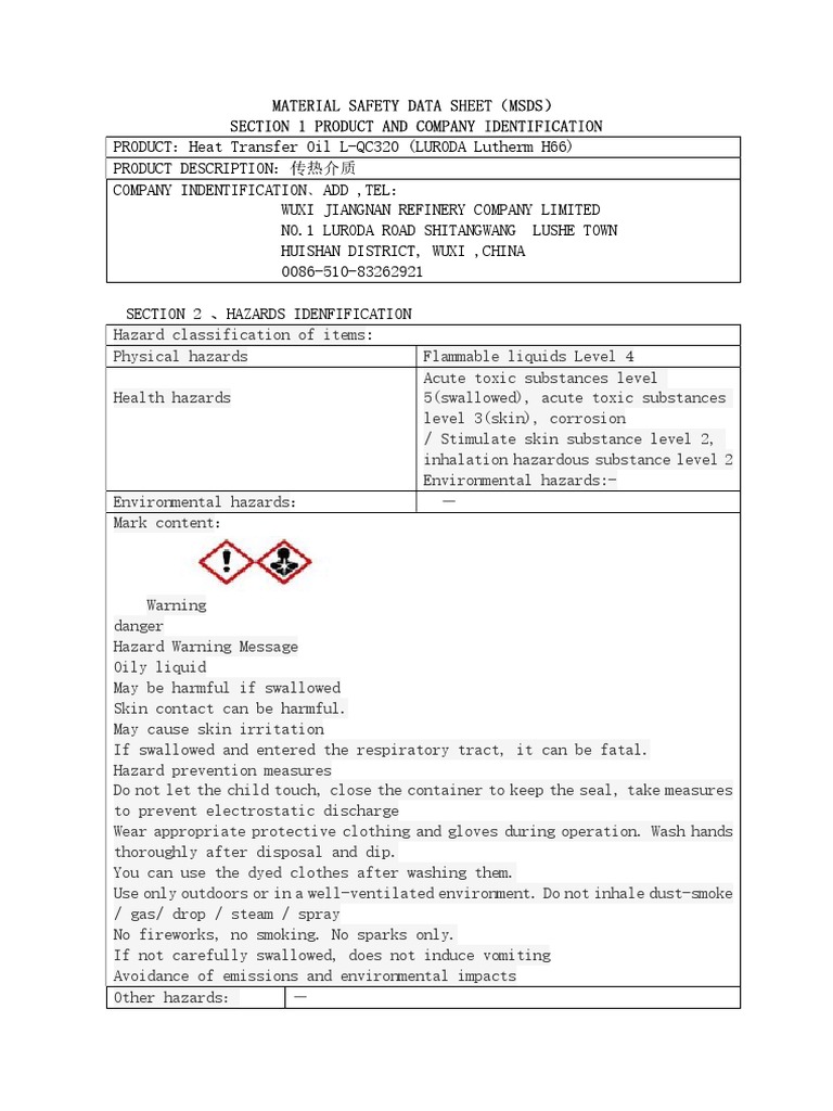 Material Safety Data Sheet MSDS L-QC320 | PDF | Combustion | Personal ...