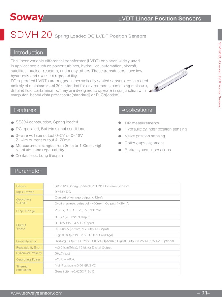 Spring Loaded DC LVDT Position Sensors: Technical Specifications ...