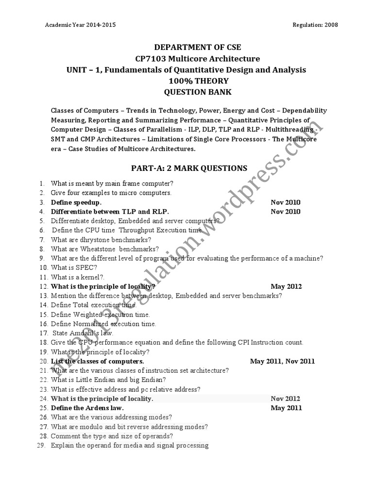 Department of Cse CP7103 Multicore Architecture UNIT - 1, Fundamentals of Quantitative Design ...