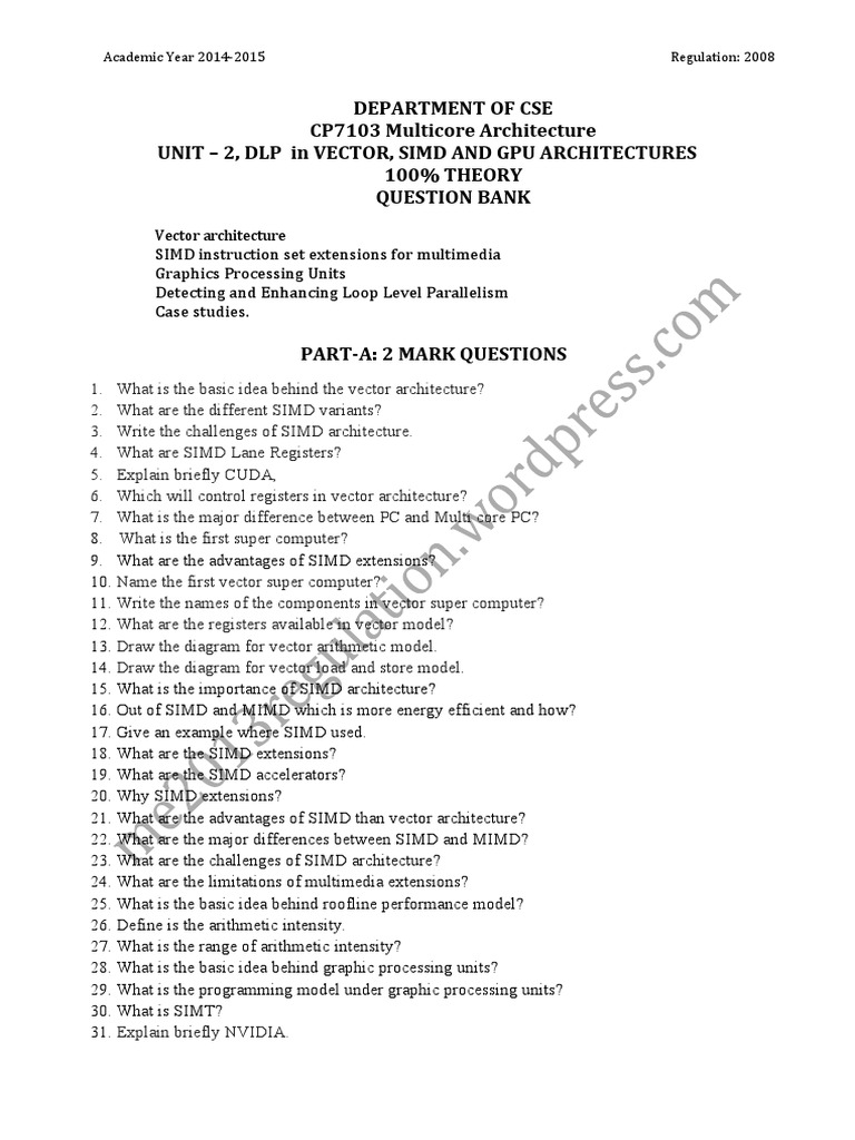 Department of Cse CP7103 Multicore Architecture Unit - 2, DLP in Vector ...