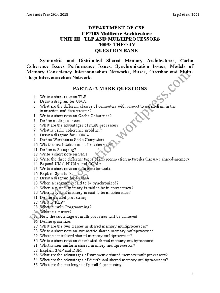 Department of Cse CP7103 Multicore Architecture Unit Iii TLP and ... Department of Cse CP7103 Multicore Architecture Unit Iii TLP and ...
